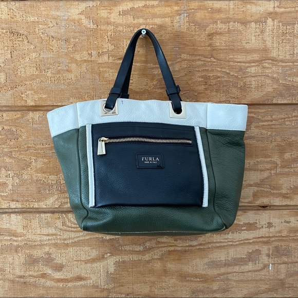 Furla | Bags | Furla Tri Color Leather Shopper Tote Green Black White ...